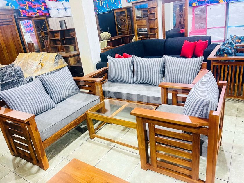 Teak Heavy Modern 321 Box Sofa Set With Glass Stool for Sale | Kaduwela ...