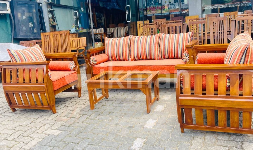 Teak Heavy Royal Melon Luxury Fabric Sofa with Glass Stool for Sale ...