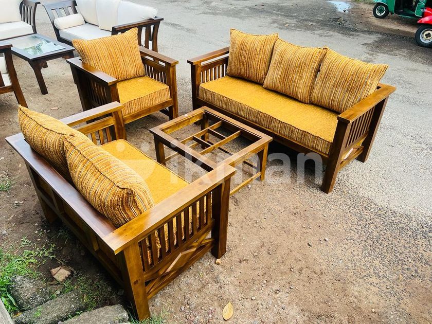 Teak Modern Heavy 321 Box sofa set with glass Top Stool Code 26357 ...