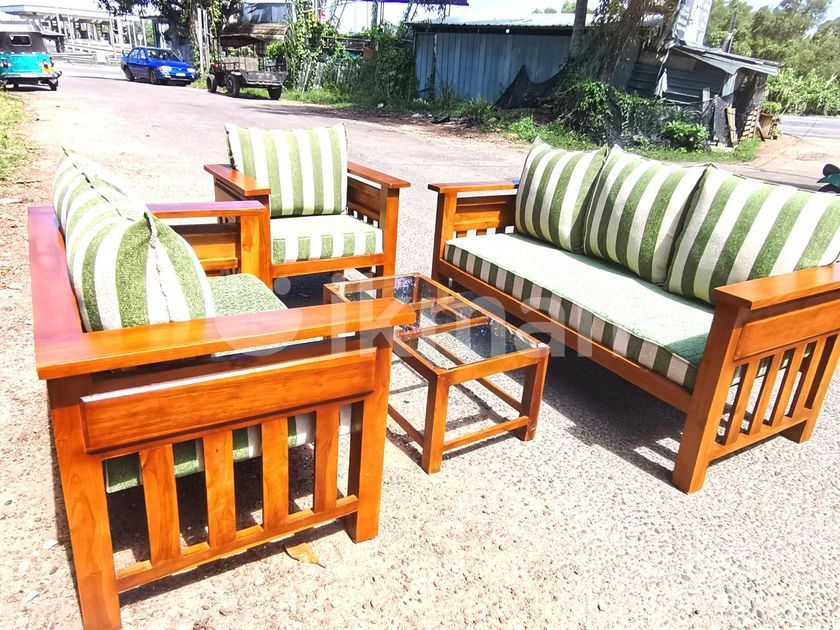 Teak Modern Heavy 321 Box Sofa Set with Glass Top Stool Code 42256 ...