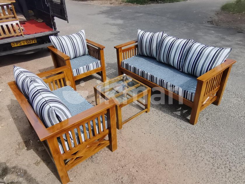 Teak Modern Heavy 321 Box Sofa Set with Glass Top Stool Code 51478 ...