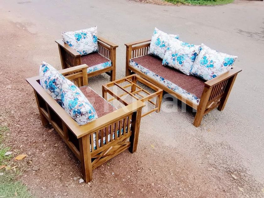 Teak Modern Heavy 321 Box sofa set with glass Top Stool Code 64418 ...