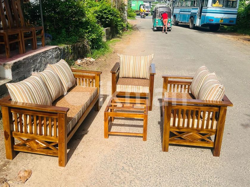 Teak Modern Heavy 321 Box Sofa Set With Glass Top Stool Code 91522 ...