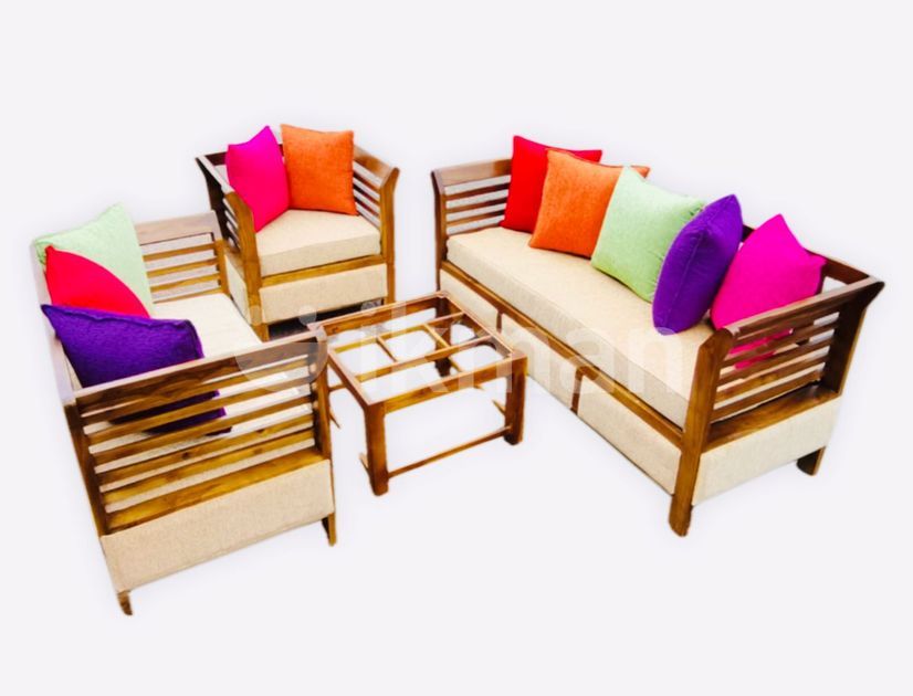 Teak Modern Heavy 321 Pillows Sofa Set with Glass Top Stool Code 51117 ...