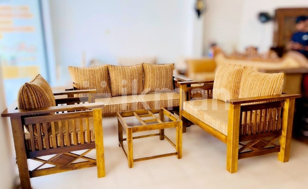 Teak Modern Heavy HS Fabric 321 Sofa Set With glass Top Stool Code ...