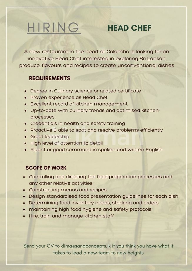 Chef with experience Vacancy | Kolonnawa | ikmanJOBS