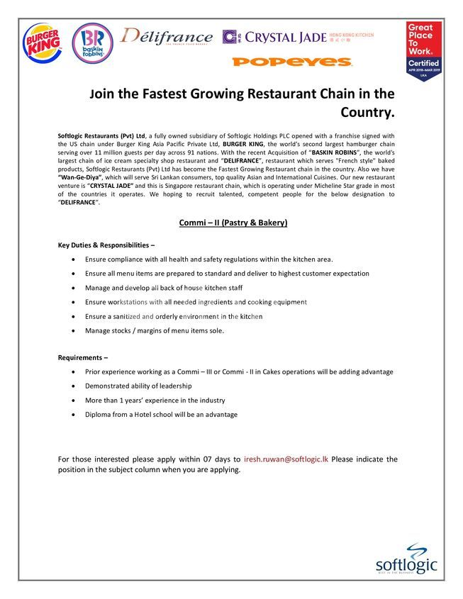 Commi - II (Pastry & Bakery) Piliyandala Vacancy | Piliyandala | ikmanJOBS