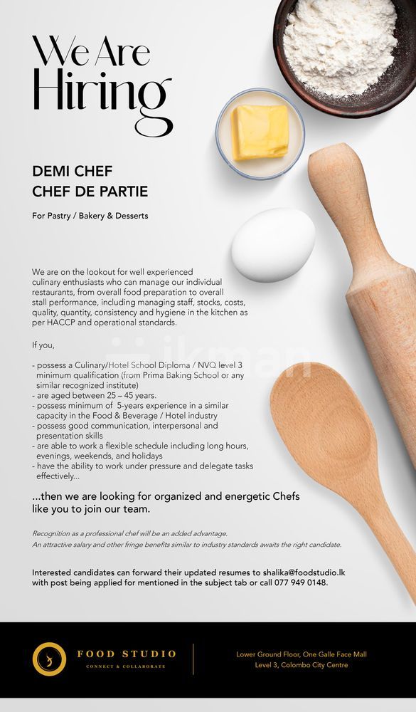 Demi Chef Vacancy | Colombo 3 | ikmanJOBS