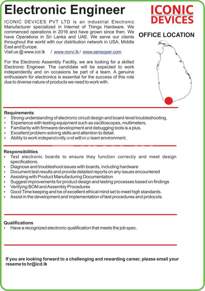 Electronic Engineer Vacancy | Piliyandala | ikmanJOBS