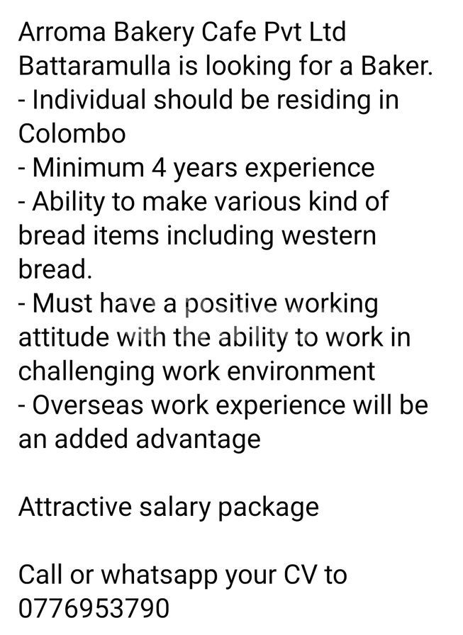 Baker Vacancy | Battaramulla | ikmanJOBS