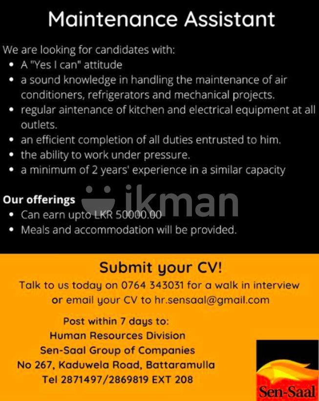 Maintenance Assistant Vacancy | Galle City | ikmanJOBS