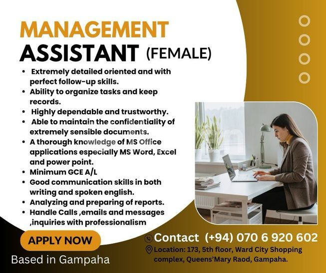 Management Assistant (Female) Vacancy | Gampaha City | ikmanJOBS