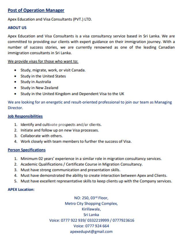 Operation Manager Vacancy | Kadawatha | ikmanJOBS