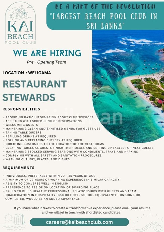 Restaurant Steward - Kai Beach Club Vacancy | Weligama | ikmanJOBS