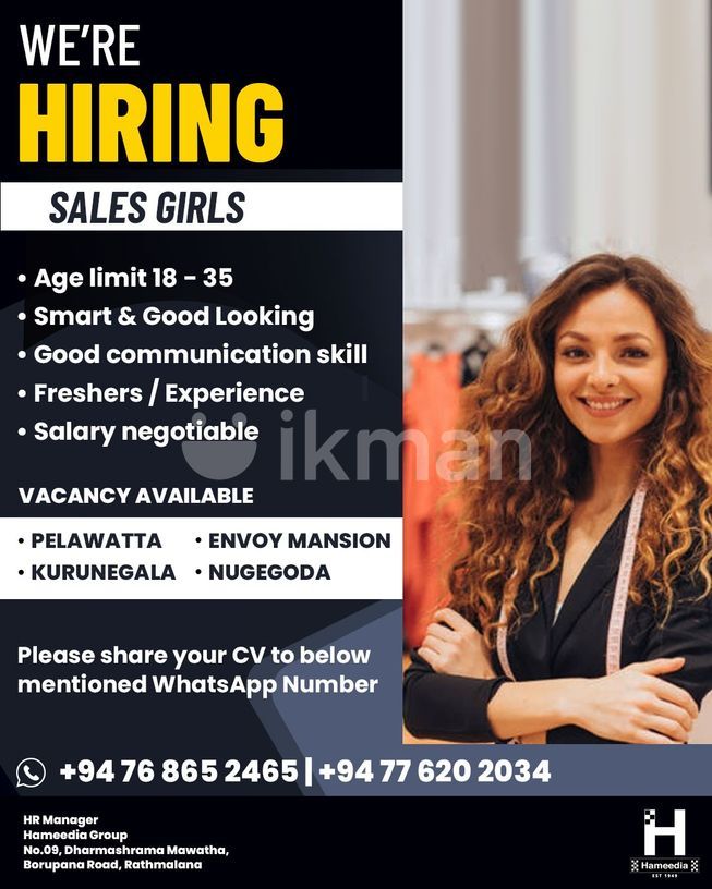 Sales Girls - Colombo 02 Vacancy | Colombo 2 | ikmanJOBS
