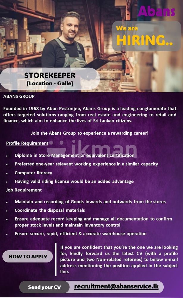 Store Keeper Vacancy | Galle City | ikmanJOBS