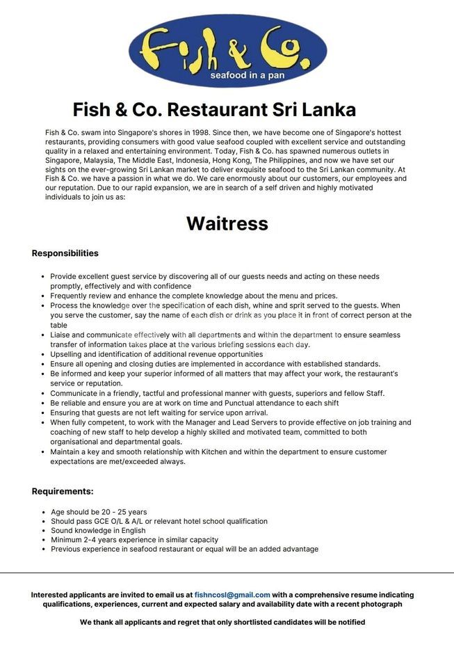 Waitress Vacancy | Colombo 5 | ikmanJOBS
