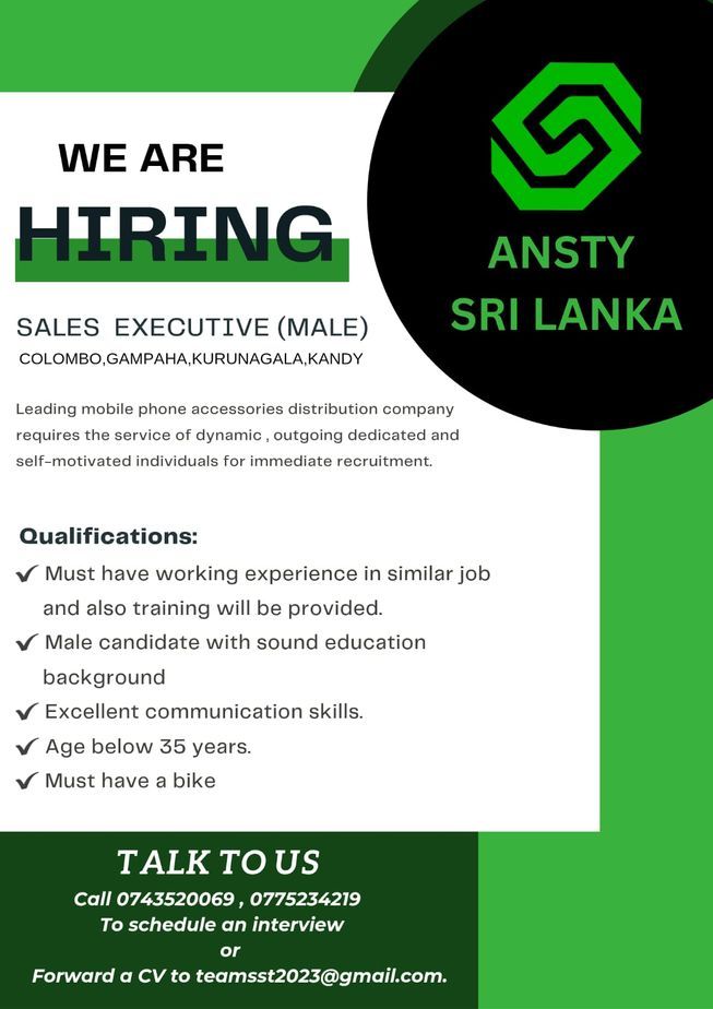 We are hiring sales executive ( male) Vacancy | Gampaha City | ikmanJOBS